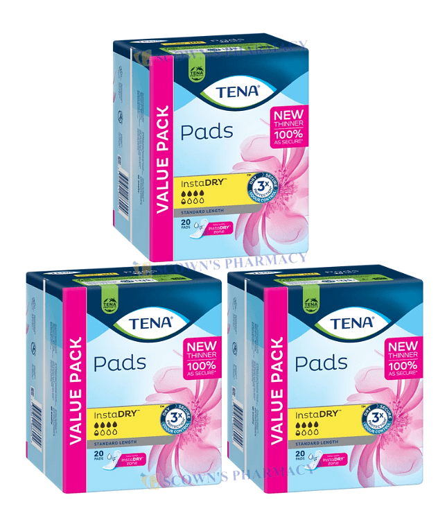 3 x TENA Pad InstaDry Standard Length 20 Pack = 60 Pads - Taylors Pharmacy